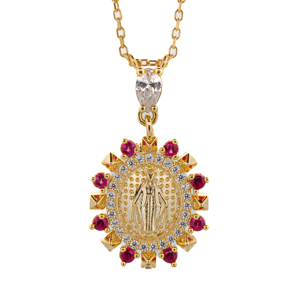 Ruby & Diamond Virgin Mary Pendant Gold Chain Necklace | Ebru Jewelry