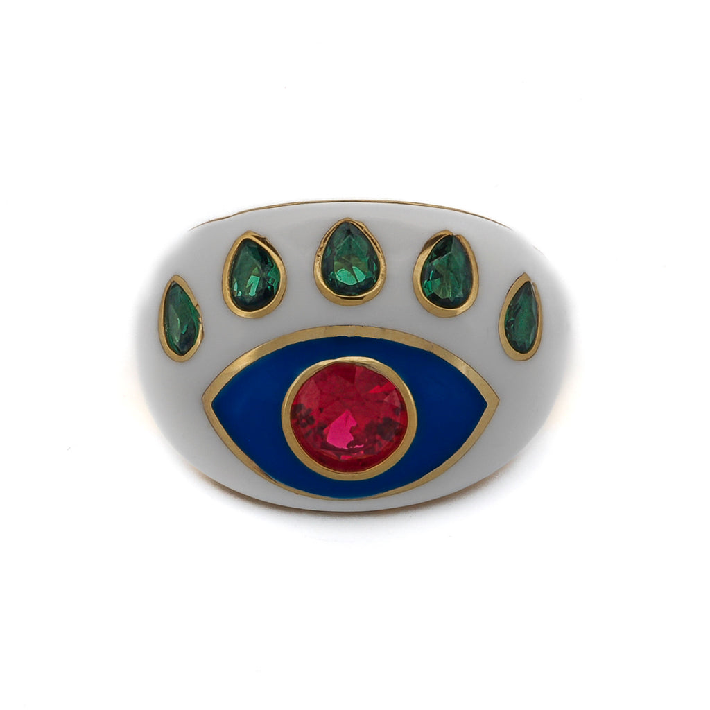 Ruby & Emerald Evil Eye White Enamel Adjustable Ring | Ebru Jewelry