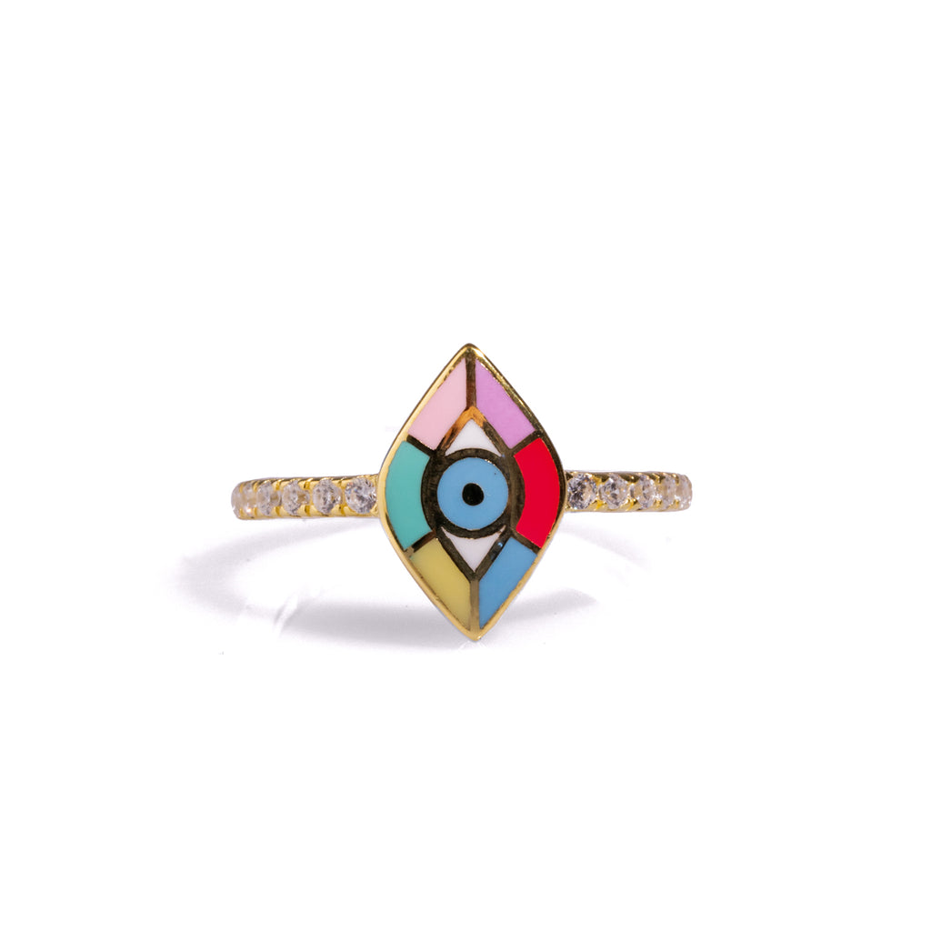 Minimalist Colorful Enamel Evil Eye Diamond Band Ring | Ebru Jewelry